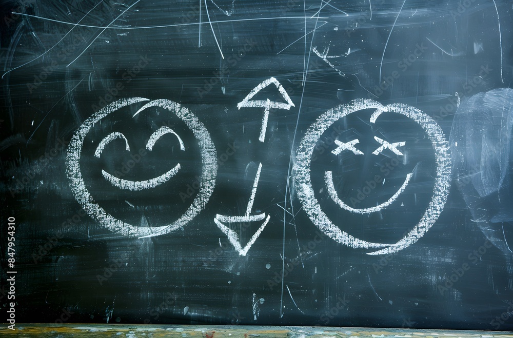 Chalk Drawing on Blackboard of Happy and Sad Faces with Arrows Stock ...