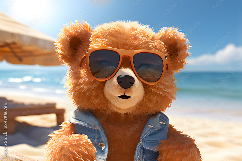 Cute teddy bear with sunglasses relaxing on the tropical beach ...