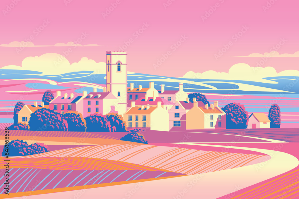 Vibrant Acid dreamlike rural landscape with small town, meadows, fields ...