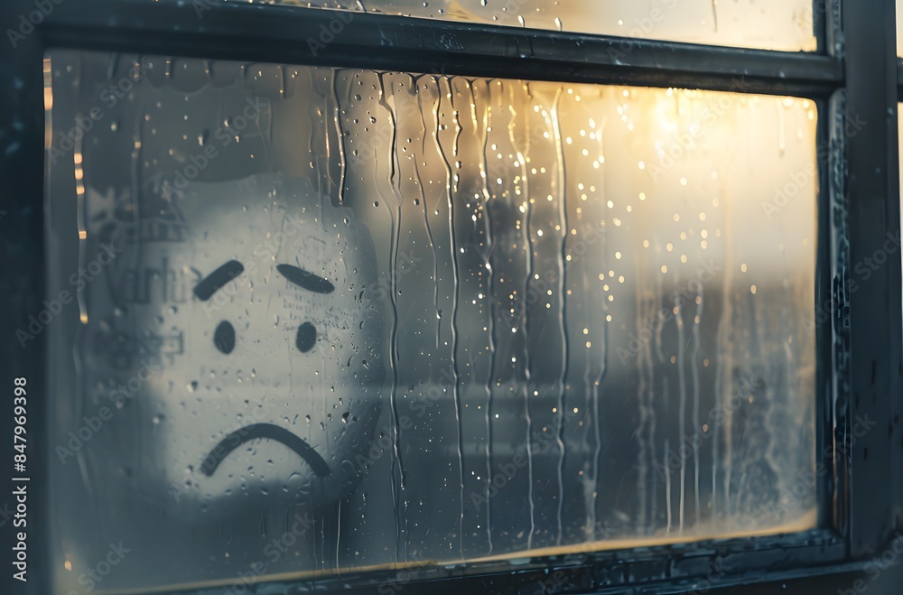 Dripping Water Stain on Fogged Window with Sad Face Drawing Stock Photo ...