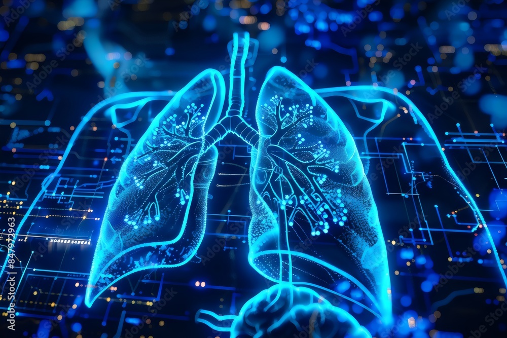 A blue and white image of a human lung with a blue background. The lung ...