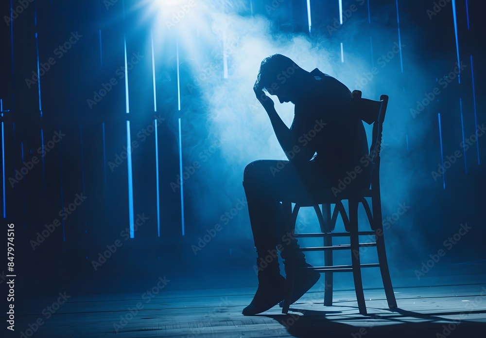 Silhouette of a Depressed Man Crying in a Dark Room with Blue Light ...