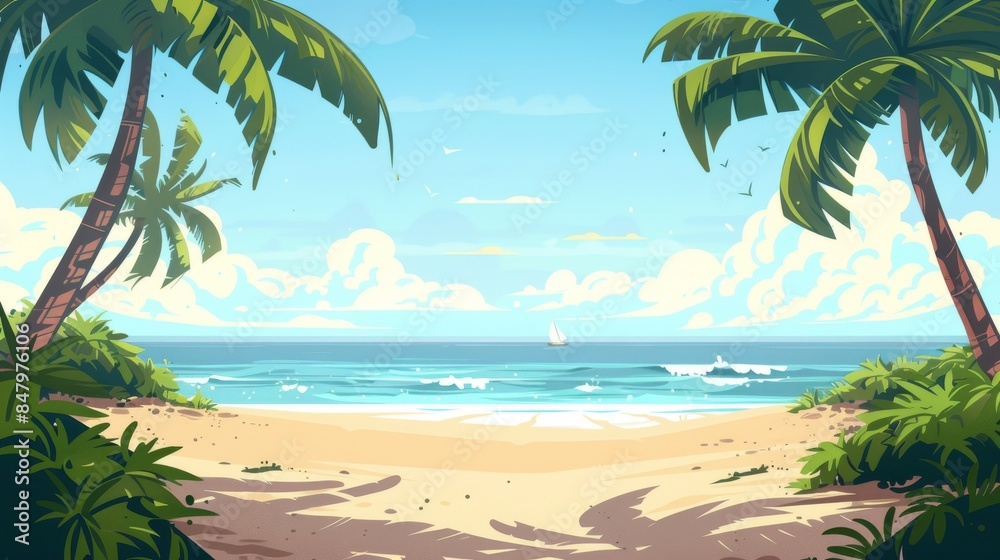 cartoon beach with palm trees backdrop background Stock Photo | Adobe Stock
