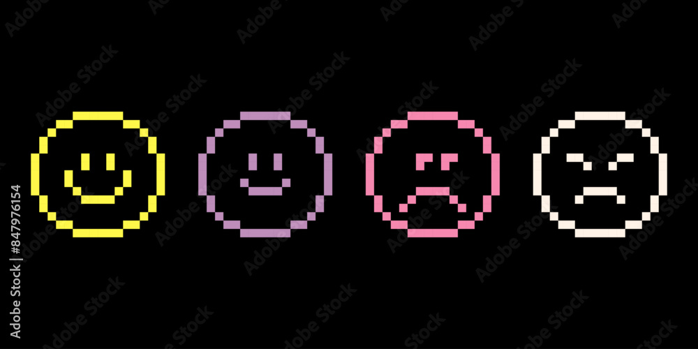 Pixelated happy, neutral, sad and angry face. Minimalist pixel art ...