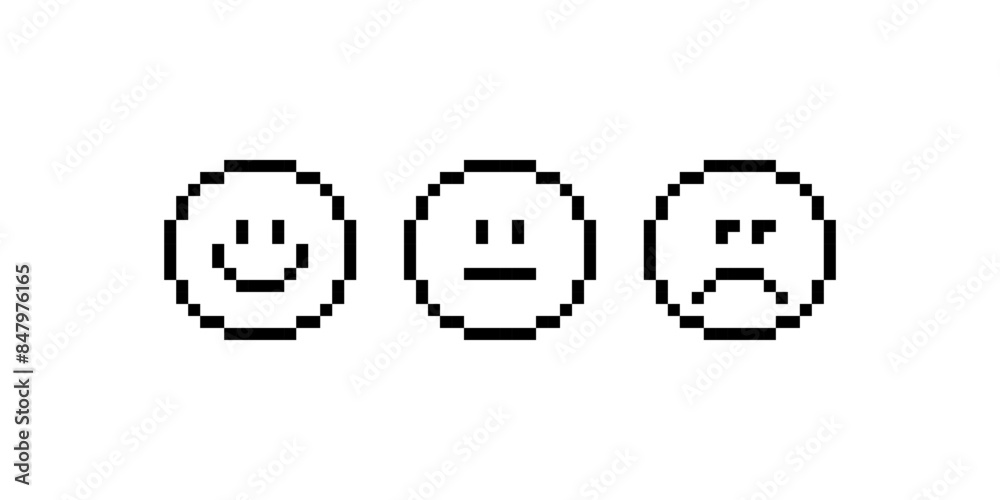 Minimalist pixel art emoticon. Pixelated happy, neutral and sad face ...