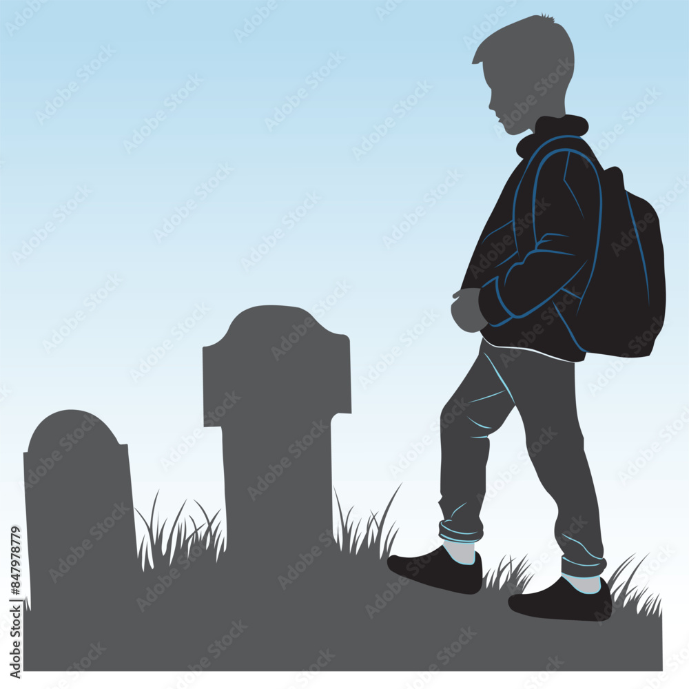 Child boy visiting grave cemetery, loss grief bereavement, parent death ...