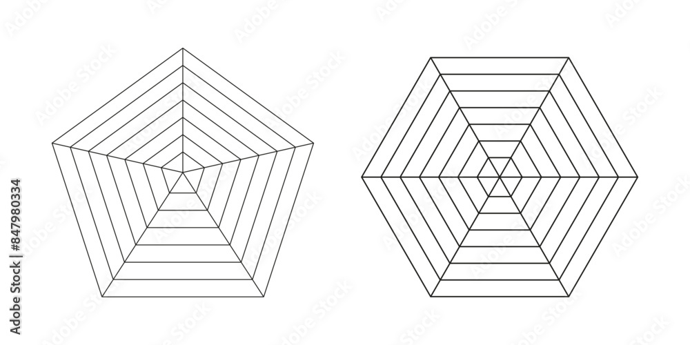 Pentagon and hexagon radar, spider diagram template. Spider mesh ...