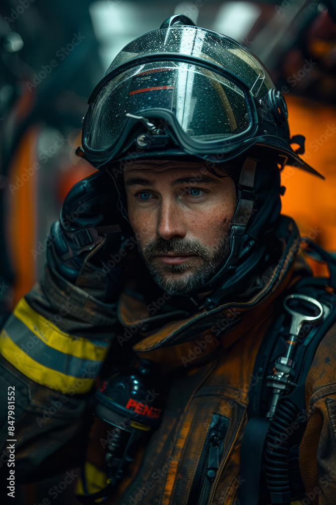 Elegant shot of a firefighter adjusting their helmet in a clean, modern ...