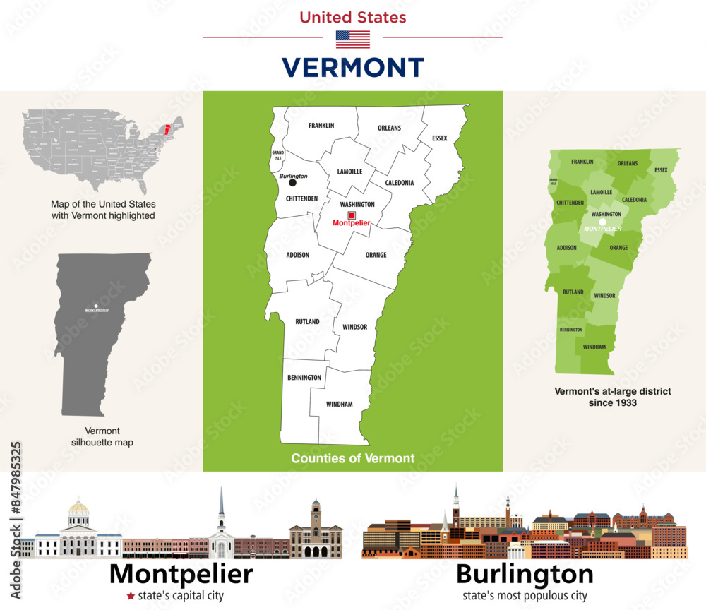 Vermont counties map and at-large congressional district map. Skylines ...