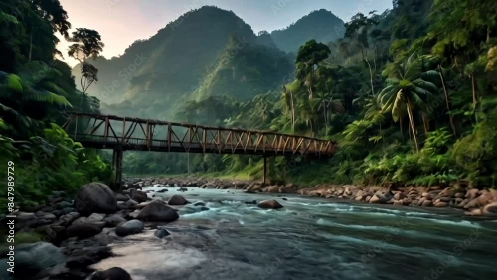 River water flows under the bridge with views of lush and fertile ...
