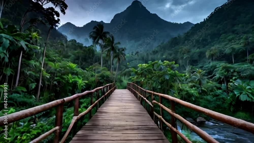 River water flows under the bridge with views of lush and fertile ...