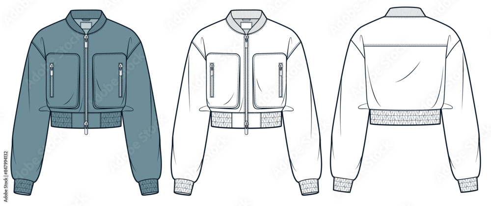 Bomber Jacket fashion flat technical drawing template. Zipped Jacket ...