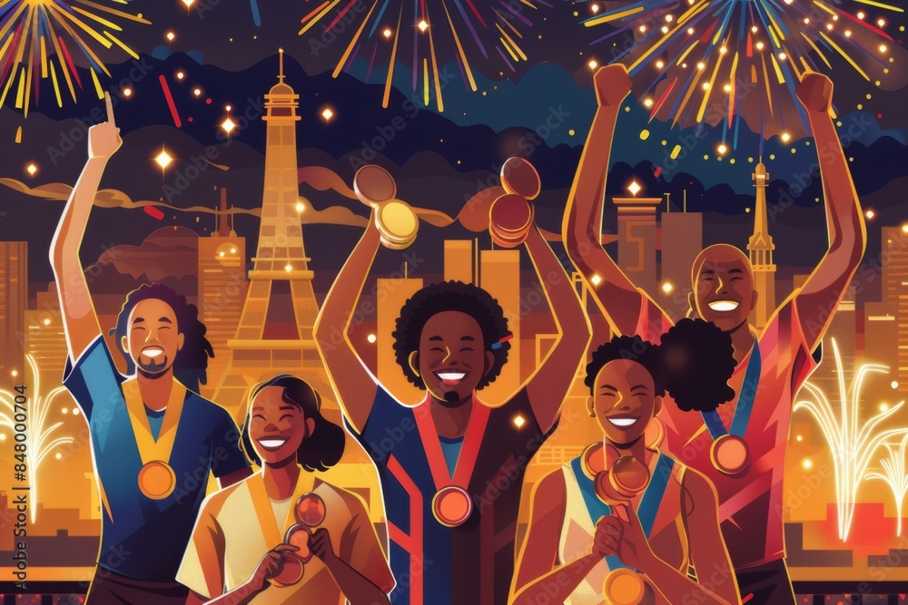 diverse people celebrating Olympic Games with fireworks in Paris Stock ...