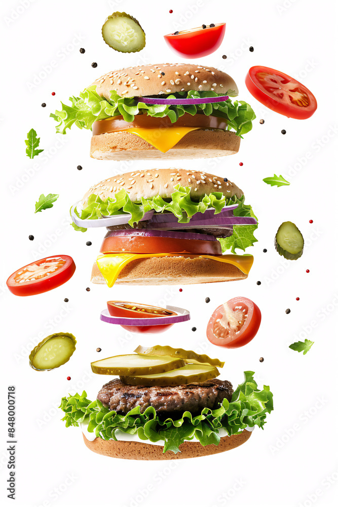 An exploded view of a hamburger with separate floating layers of ...