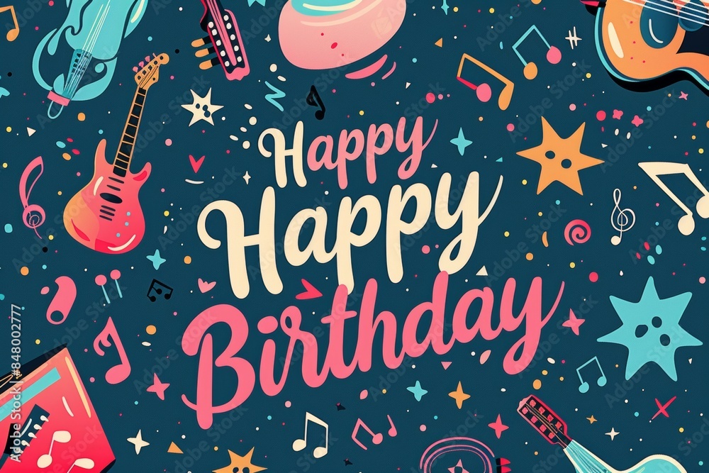 happy birthday greeting card with musical instruments and notes to ...
