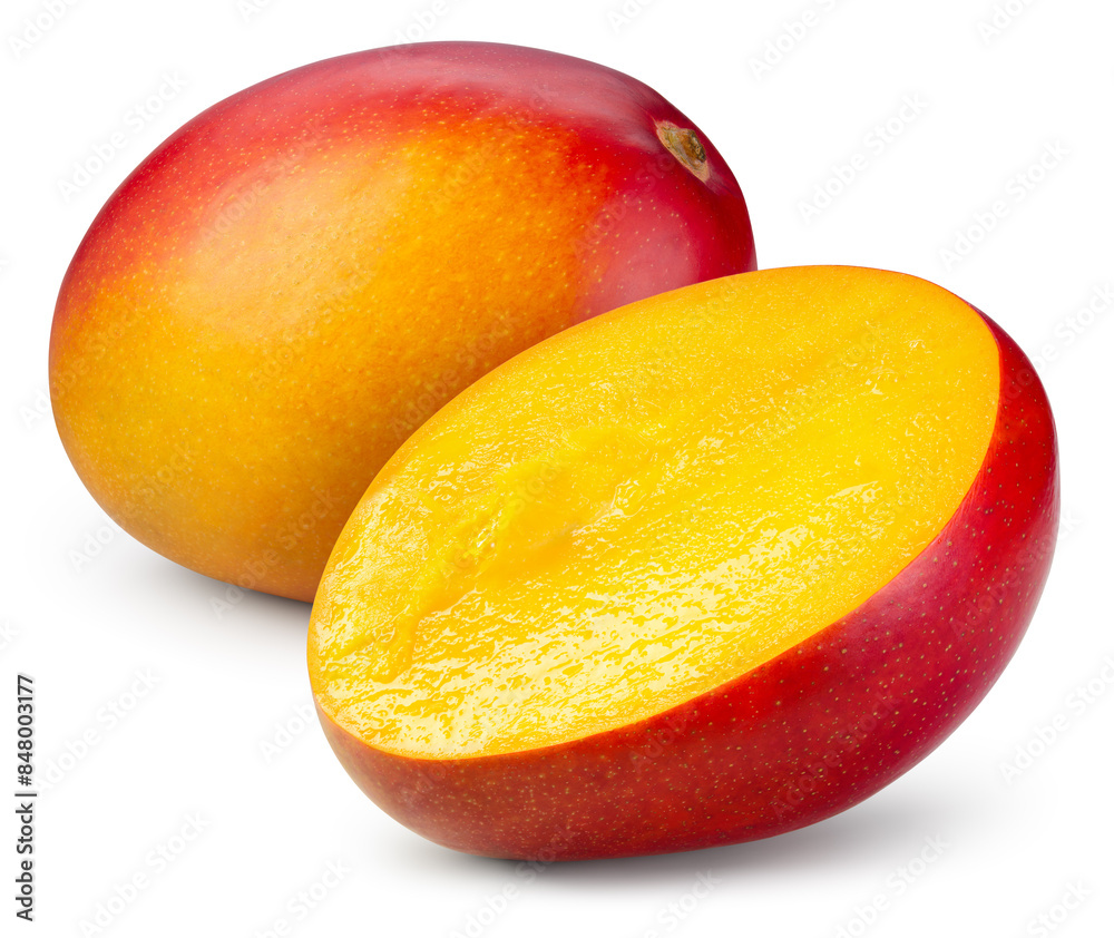 Mango isolated. Whole ripe red mango and a half on white background ...