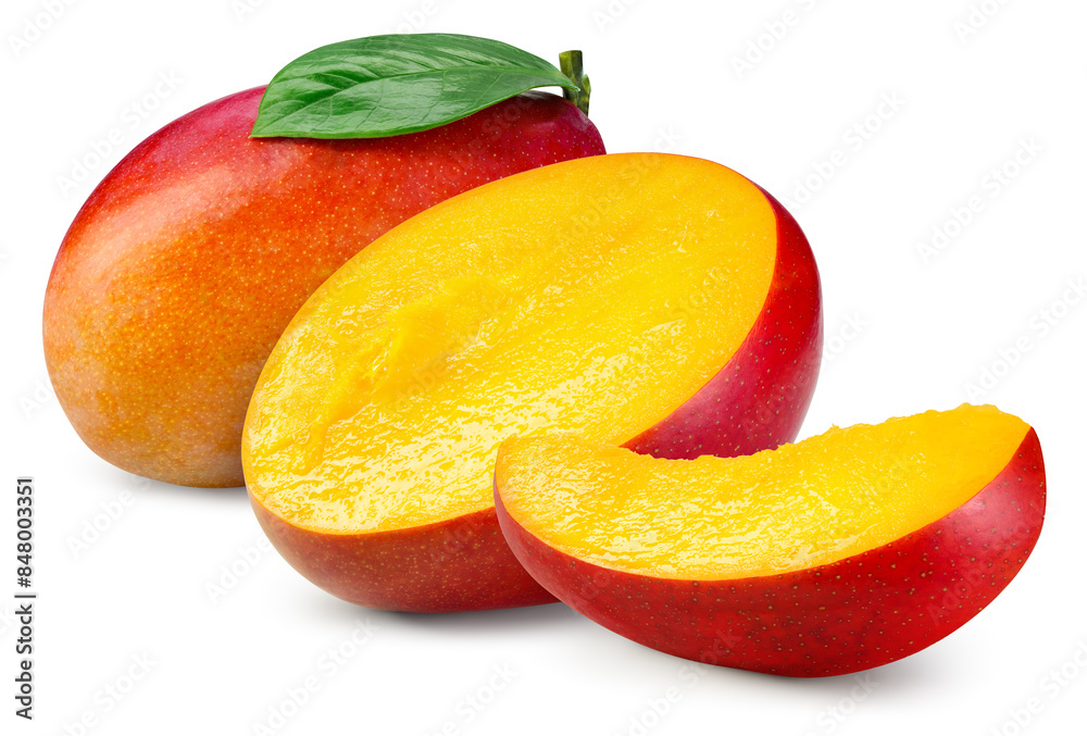 Mango isolated. Whole ripe red mango with slice, half and leaf on white ...