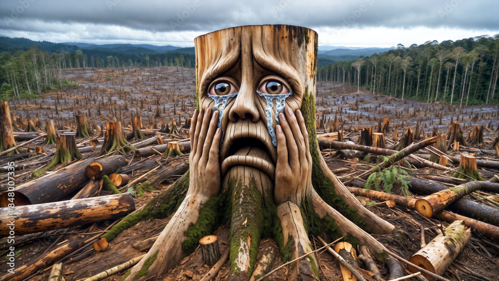 Crying tree stump with sad face and tears, surrounded by deforested ...