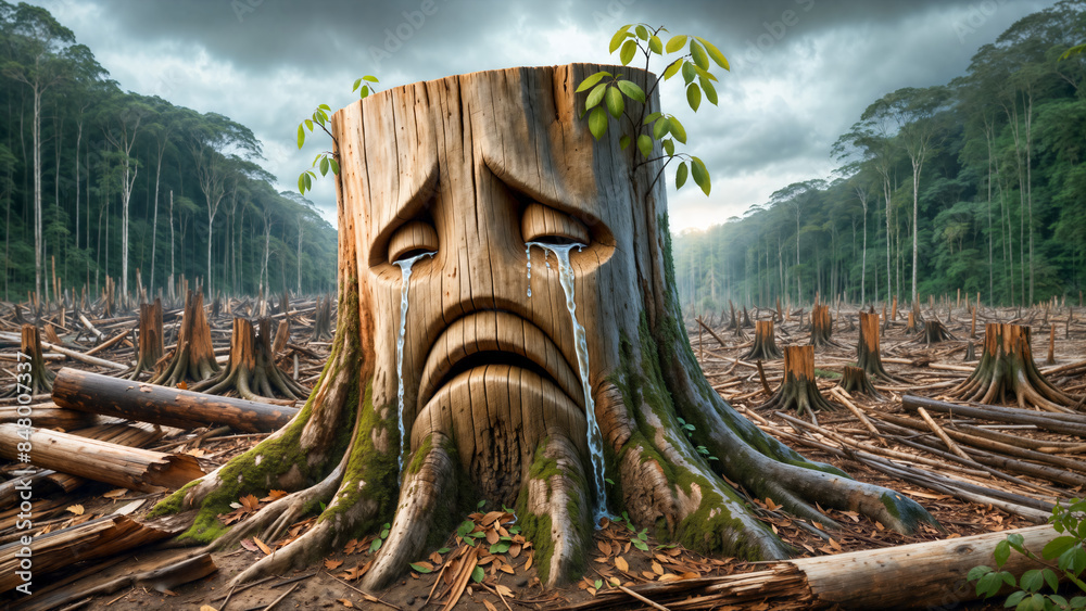 Crying tree stump with sad face and tears, surrounded by deforested ...