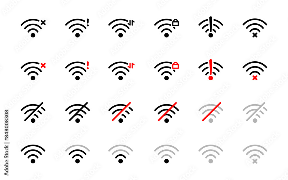 Wi-Fi connection status icon set. Lost signal symbol. Wi-fi error ...