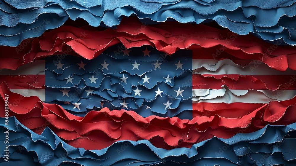 American flag with folded fabric look at the borders, blank middle ...