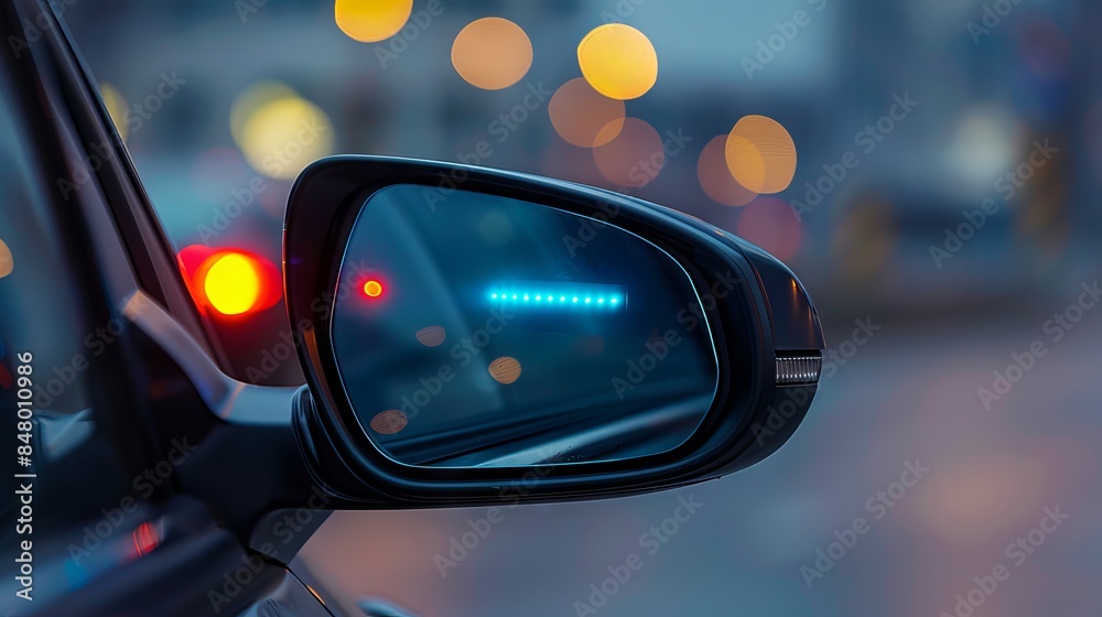 A blind zone monitoring sensor on a car's side mirror is detailed ...