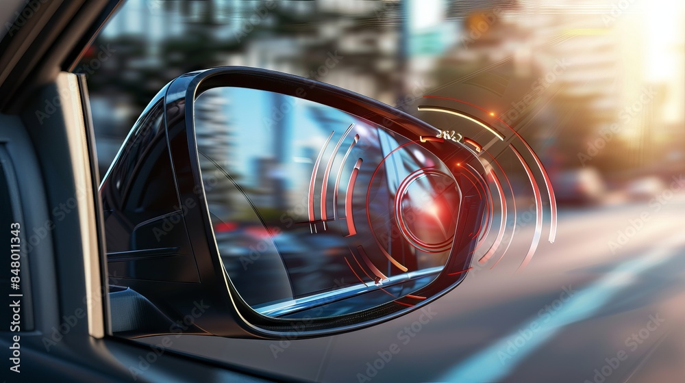 A blind zone monitoring sensor on a car's side mirror is detailed ...