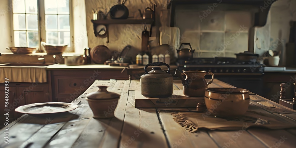 Kitchen in 1800s European castle was the heart of the home. Concept ...