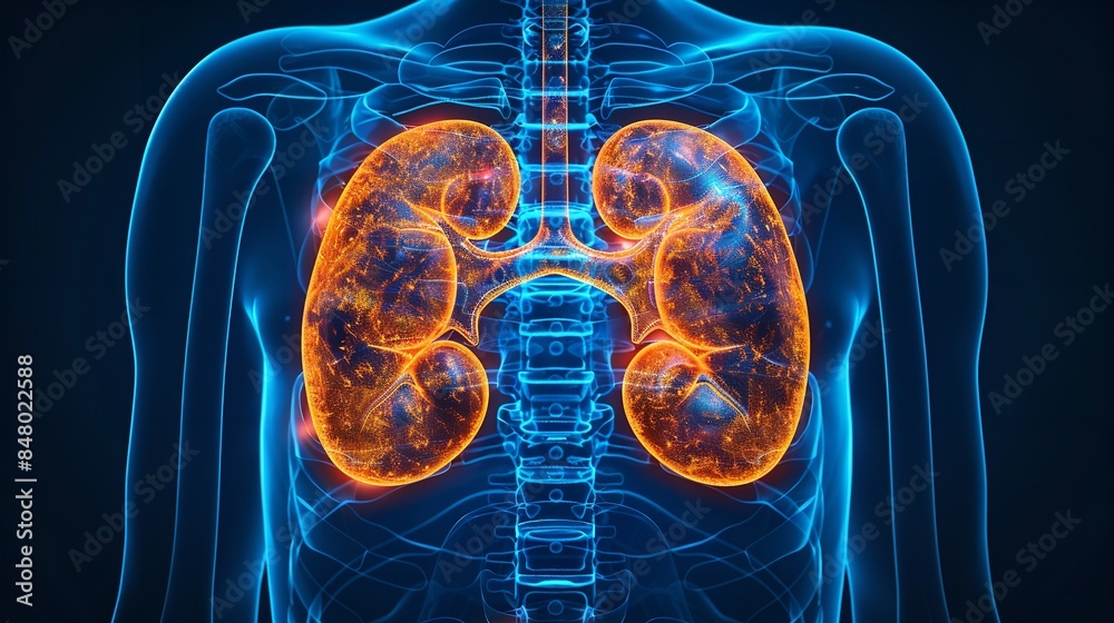 An anatomical illustration depicting the location of the human kidneys ...