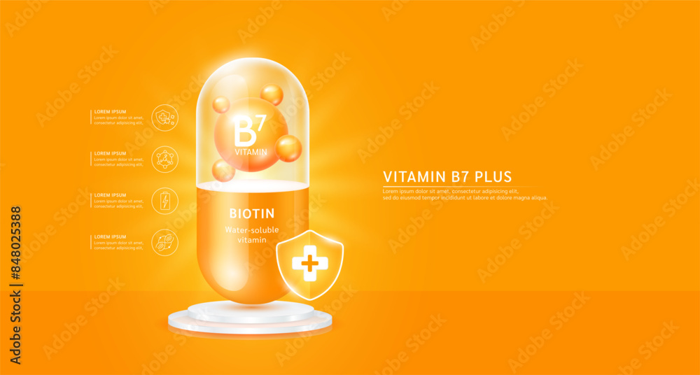 Vitamin B7 plus or Biotin in orange capsule with cross shield on podium ...