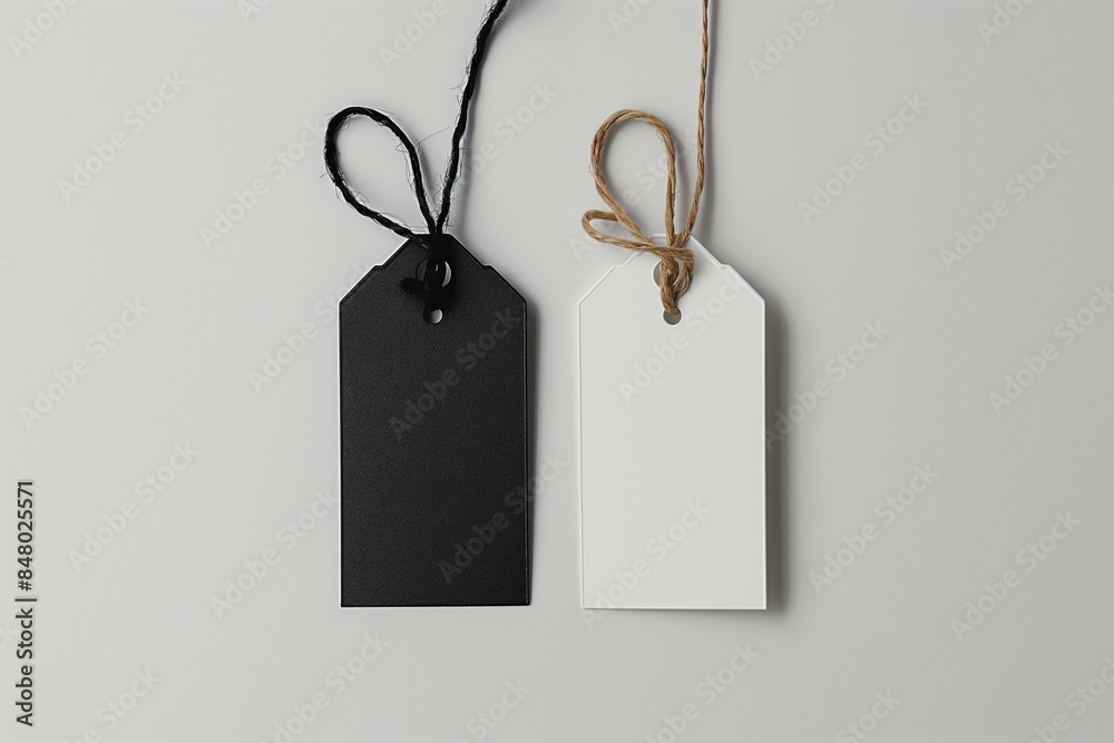 Black and white tags with strings on a gray background, blank tags ...