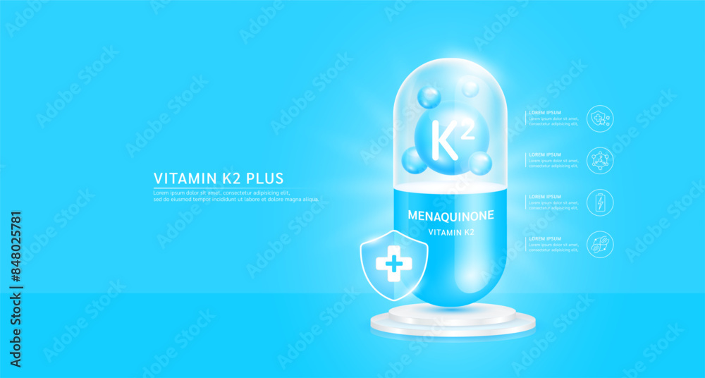 Vitamin K2 plus in blue capsule with cross shield on podium. Antibiotic ...