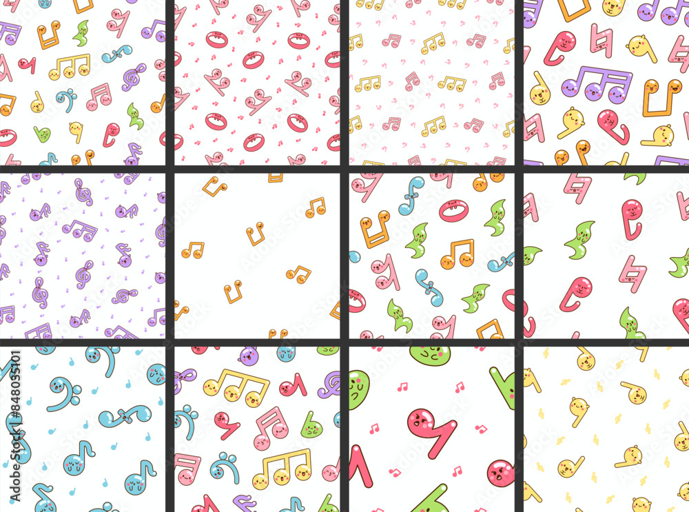Cute kawaii music notes. Seamless pattern. Funny cartoon character ...