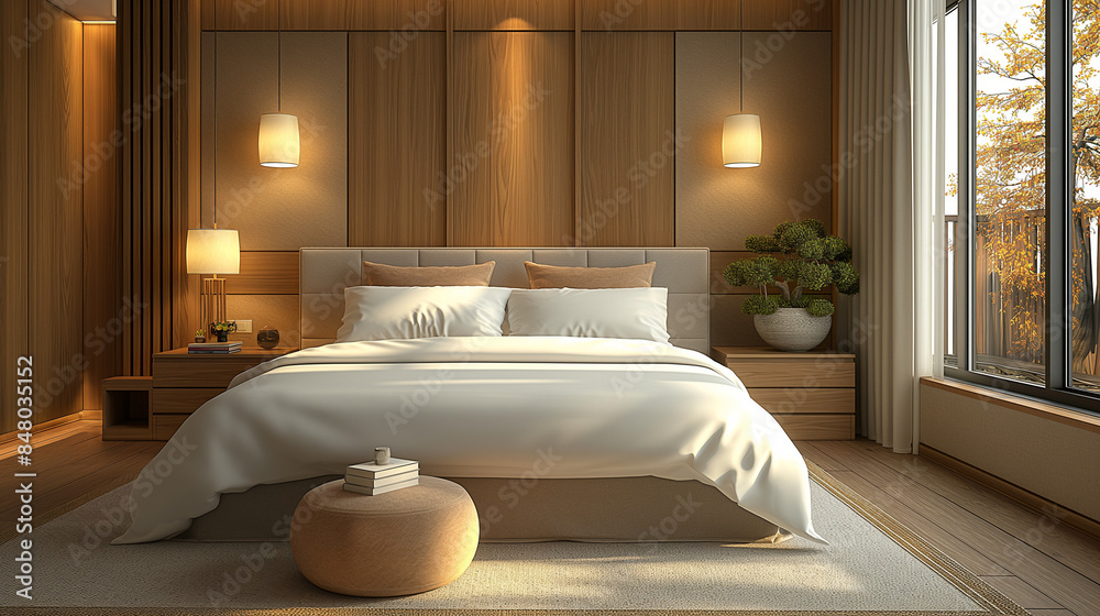 Interior design of a luxury hotel room in Mid-century modern design ...