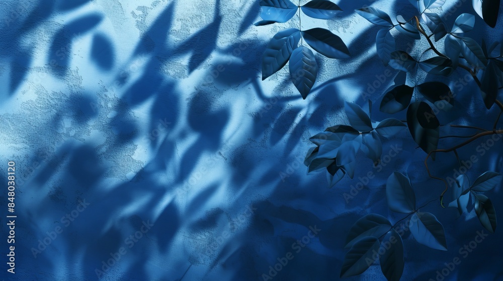 Blurred shadows of foliage silhouettes cast on a blue wall, rendered in ...