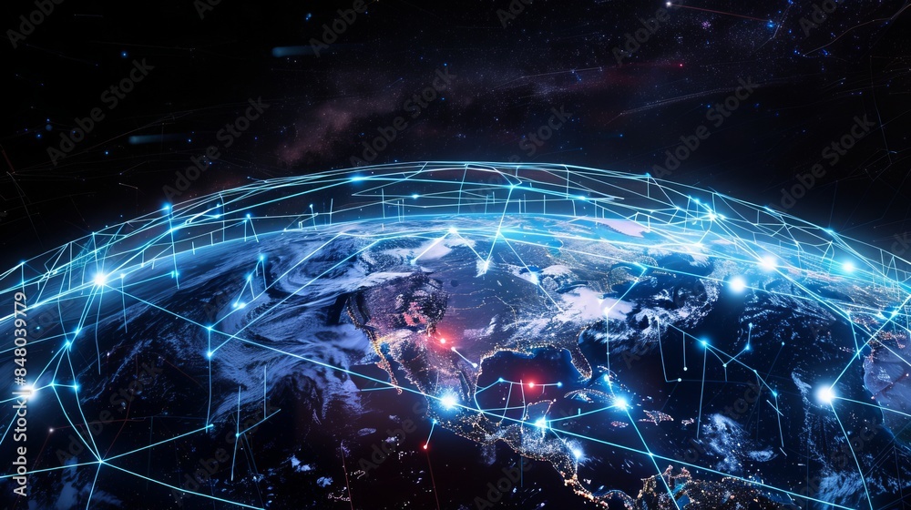 A 3D animation illustrating a global digital grid growing over Earth in ...