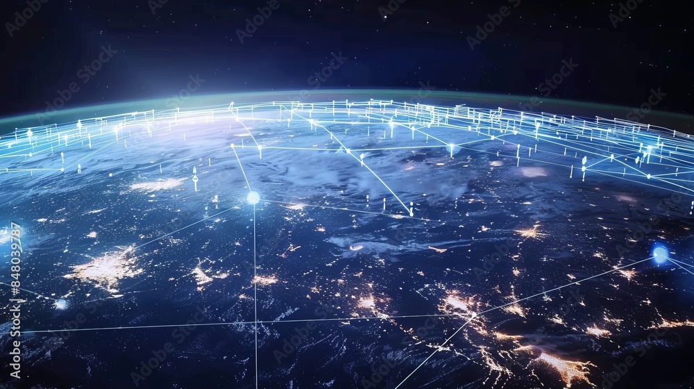 A 3D animation illustrating a global digital grid growing over Earth in ...