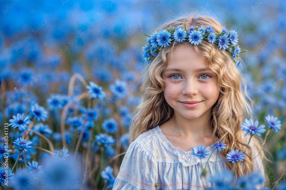 Girl in wreath from blue flowers. Field with cornflower summer ...