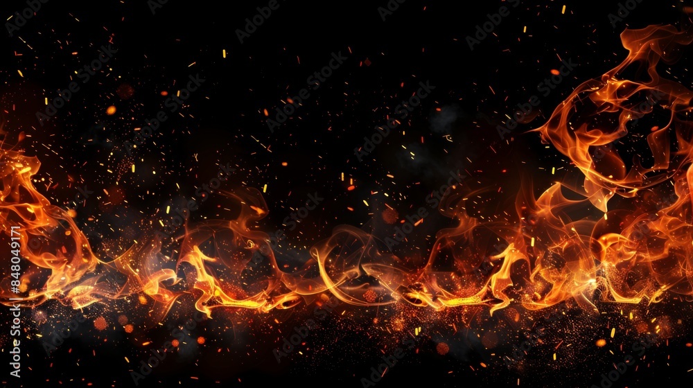 Fire spark overlay with smoke and flame background. Grill heat glow in ...