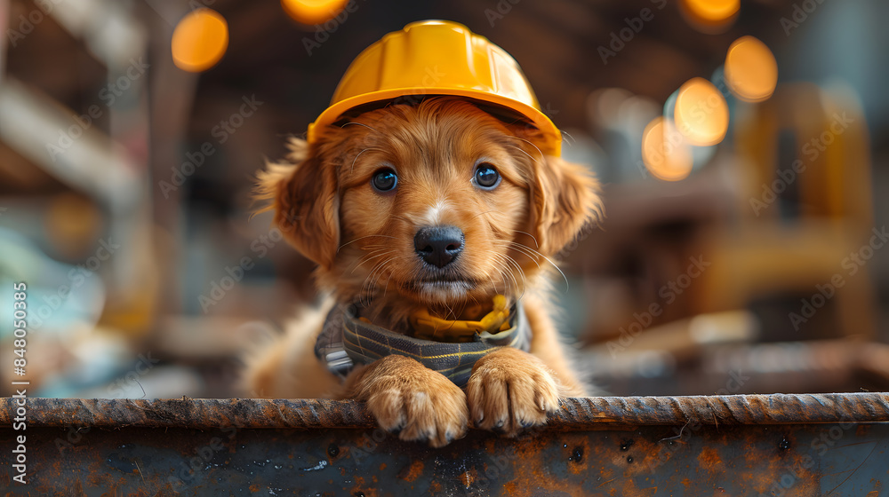 construction dog in a yellow hard hat elements sits at the construction ...