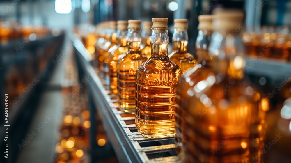 Rows of whiskey bottles on shelves in a distillery, highlighting the ...