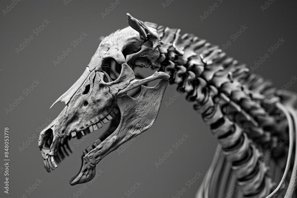 A horse's skeleton with a skull attached to its head, a macabre and ...