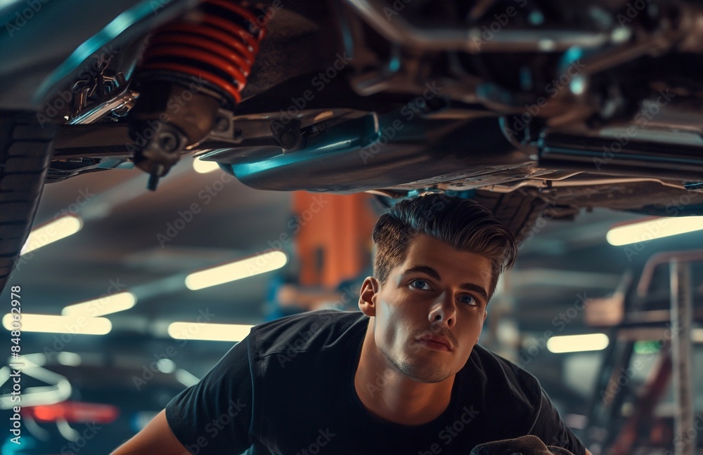 Car mechanic working on a car under the car in a garage, providing a ...