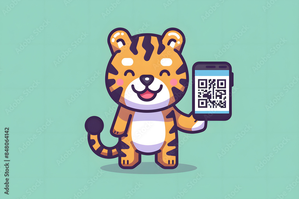 Flat Cute Cartoon Icons: Adorable Animals Scanning QR Codes with ...