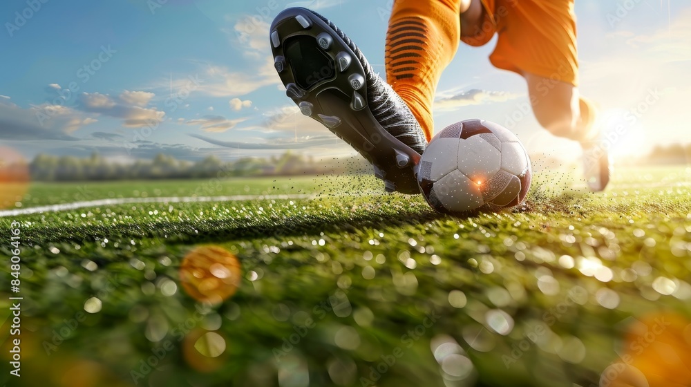Soccer player's foot kicking the ball, closeup of football boot and ...