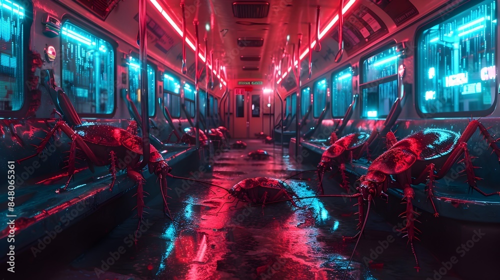 Neon-Drenched Dystopia:Abandoned Bus Overrun by Eerie Machinery in a ...