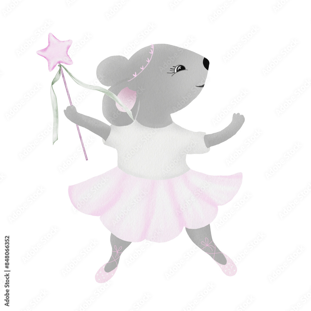 Watercolor drawing of a mouse ballerina in a pink skirt. Cute dancing ...