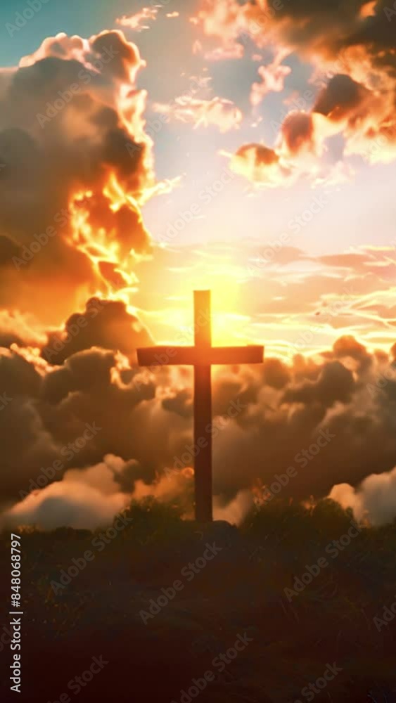 Religious Cross on mountain peak. Clouds moving in the wind..A ...