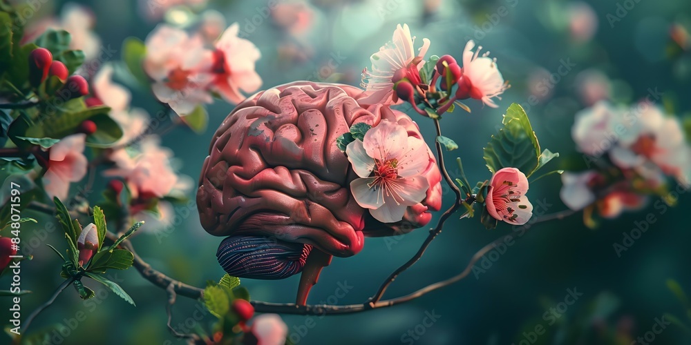 Human brain compared to a tree with blooming flowers detailed neural ...