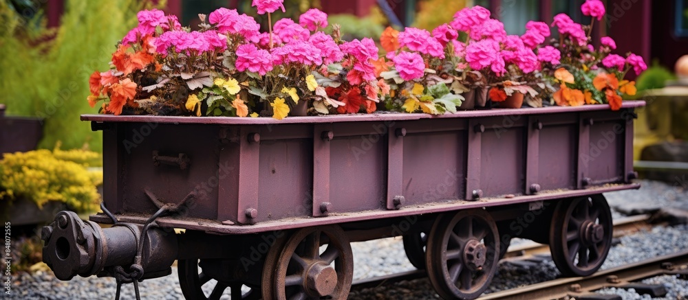 Vintage narrow gauge train with tipper waggons used as flower planters ...